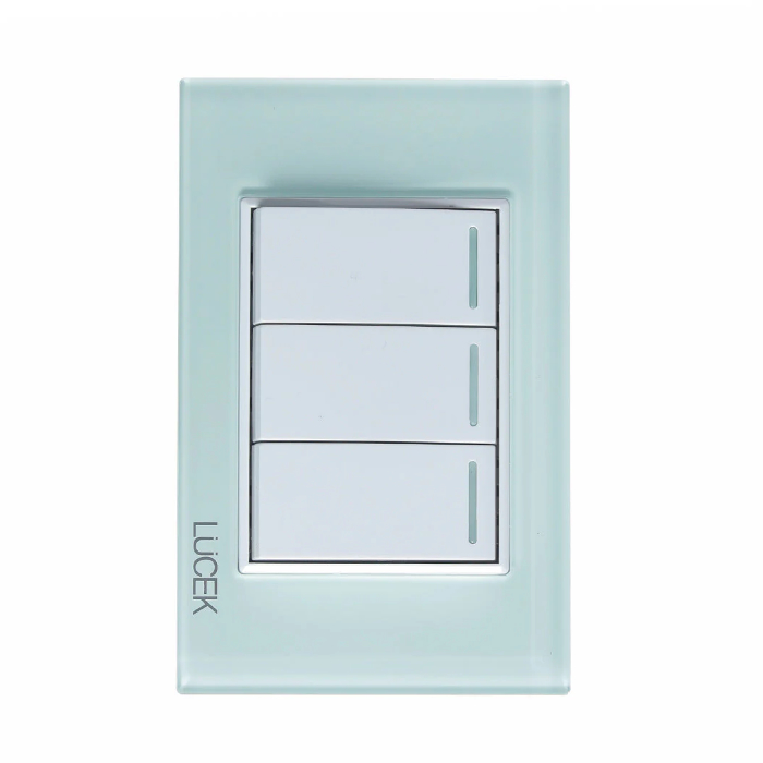 BP03-CCB – PLACA CON 3 INTERRUPTORES SENCILLOS DE 1 MÓDULO. CELESTE CRISTAL | Blanquita